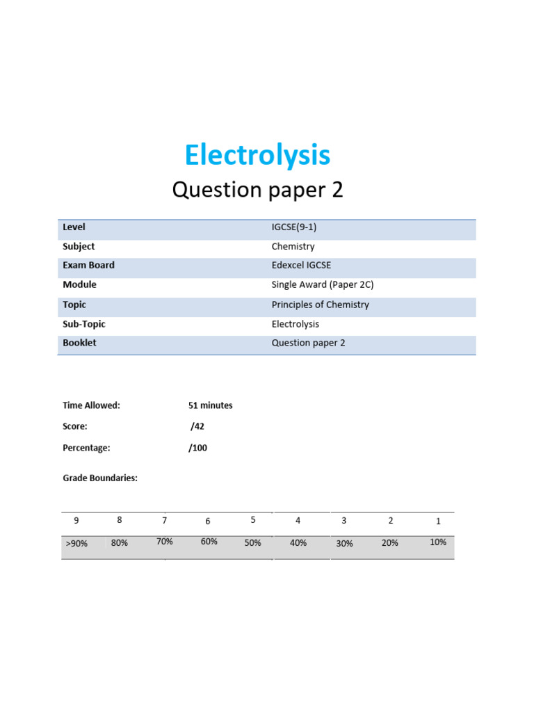 IGCSE Chemistry Electrolysis Exam Paper | PDF | Oxide | Iron
