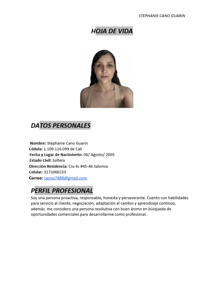 Hoja de Vida de Stephanie Cano Guarin | PDF