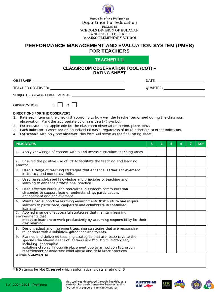 PMES Rating Sheet for Proficient Teachers | PDF | Teachers | Learning