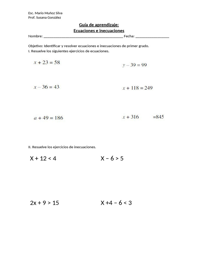 Guia de Aprendizaje Ecuaciones e Inecuaciones | PDF