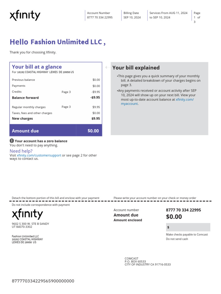 Xfinity Monthly Bill Summary | PDF | Personal Finance | Service Industries