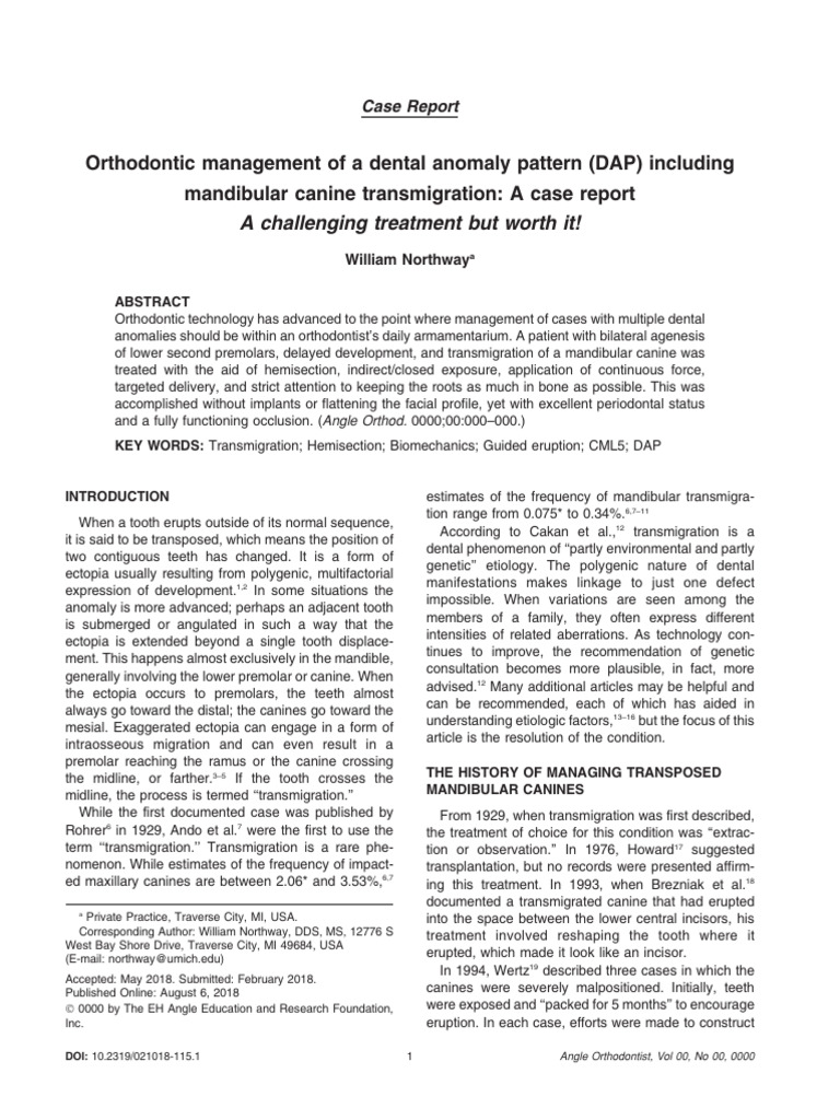 Orthodontic Management of A Dental Anomaly Pattern DAP Including Mandibular Canine ...