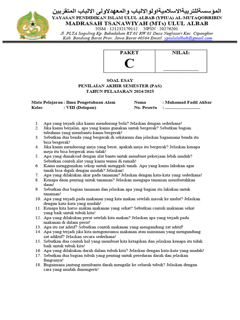 Soal PAS MTS IPA kelas 8 C (Fadil) | PDF
