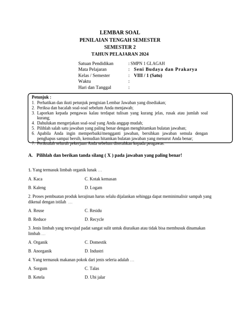SOAL PRAKARYA KELAS 8 2024 | PDF
