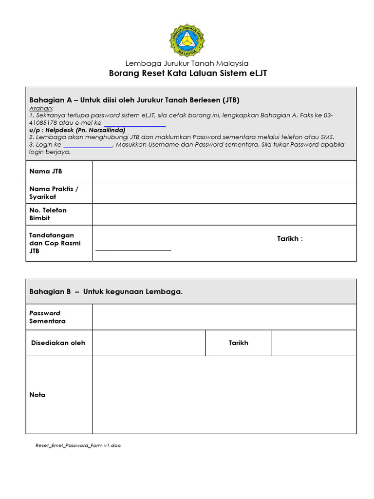 Borang Reset Kata Laluan e-LJT | PDF