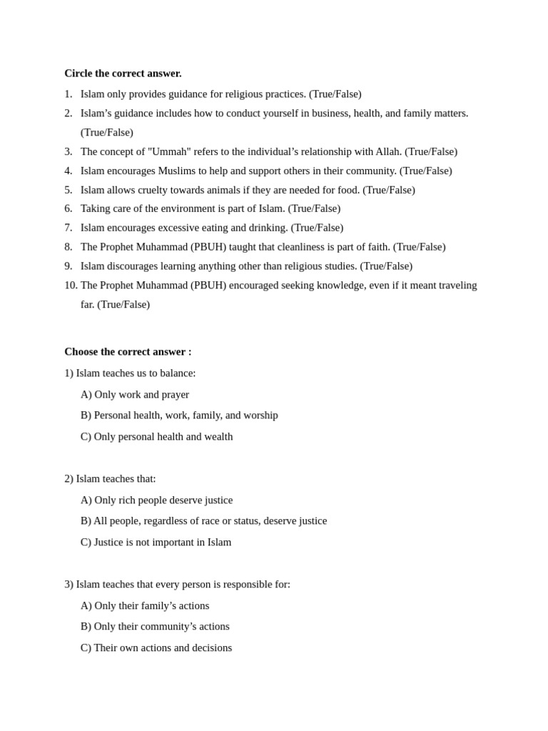 True/False Quiz on Islamic Principles | PDF
