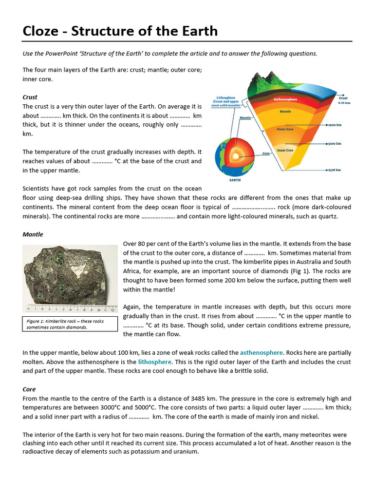 Cloze - Structure of The Earth | PDF | Earth | Planetary Core