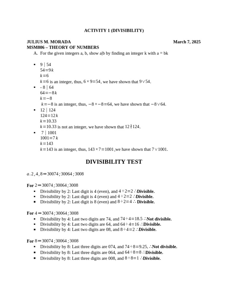 Activity 1-Theory of Numbers - Divisibility | PDF | Mathematics | Number Theory