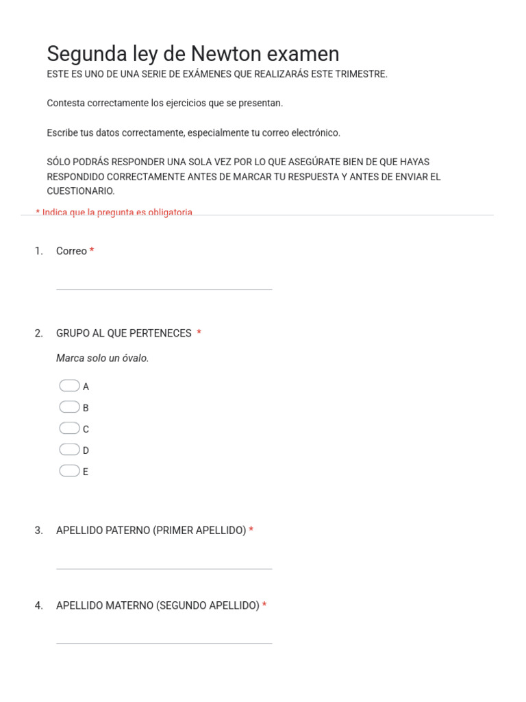 Segunda ley de Newton examen - Formularios de Google | PDF | Masa | Fuerza