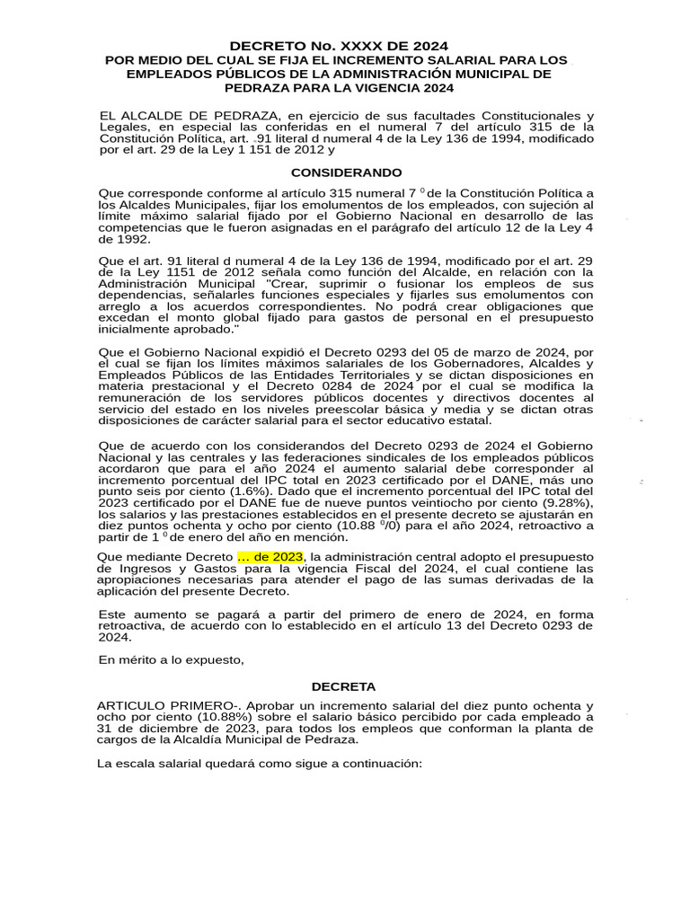 Decreto Aumento Salarial Pedraza | PDF | Alcalde | Salario