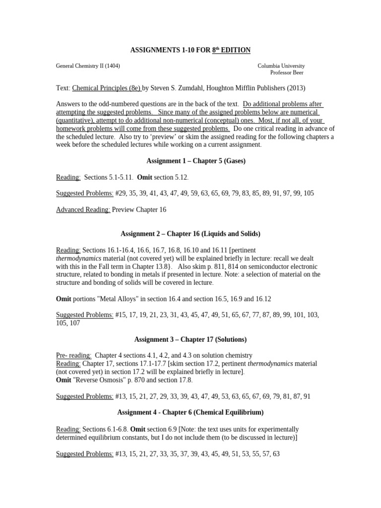 1404 Assignments Zumdahl 8E Revised | PDF | Chemical Equilibrium | Continuum Mechanics