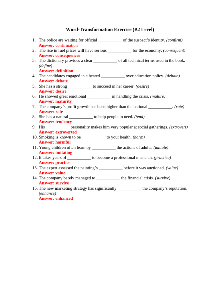 KEYS DV1 Word Transformation Bài 2 | PDF
