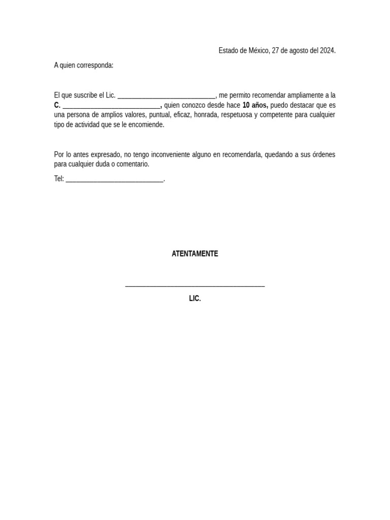 Carta de Recomendación Machote | PDF