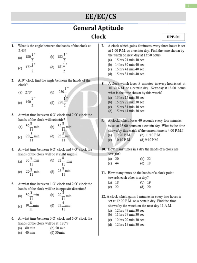 Clock - DPP 01 - Parakram GATE 2024 Computer Science Weekend (English) (General Aptitude) | PDF