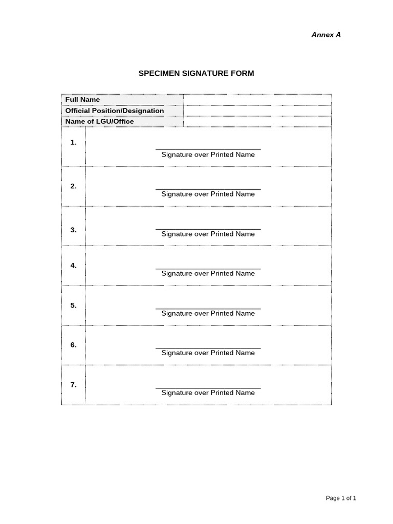 Annex A Specimen Signature Form Updated | PDF