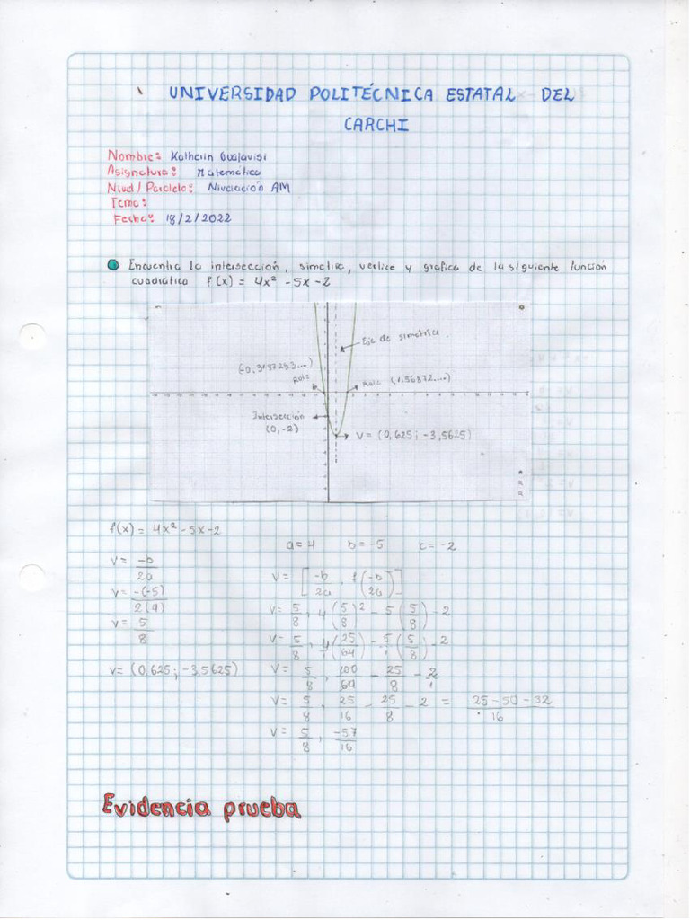 Tarea. Función Cuadrática - KATHERIN GUALAVISI | PDF