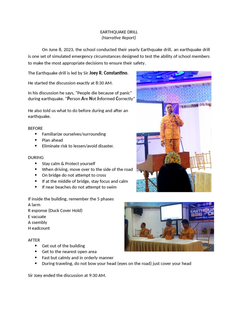 EARTHQUAKE DRILL Narrative | PDF