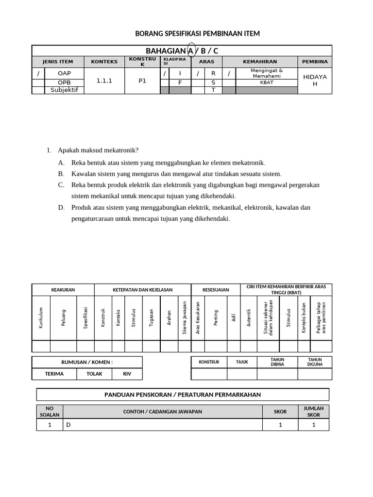 Borang Spesifikasi Pembinaan Item Bahagian A | PDF