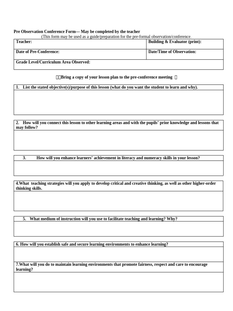 Pre Observation Conference Form | PDF