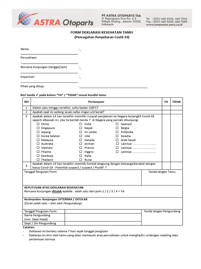Form Deklarasi Kesehatan Tamu Covid-19 | PDF