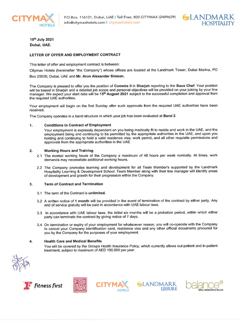 Citymax Offer Letter - Arun Alexander Simson | PDF