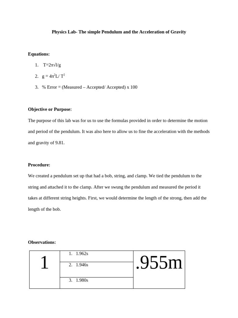 Pendulum and Aceeleration of Gravity Lab Write Up Example | PDF