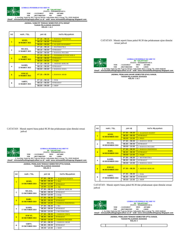 Jadwal Pts Ganjil 2024-2025 | PDF