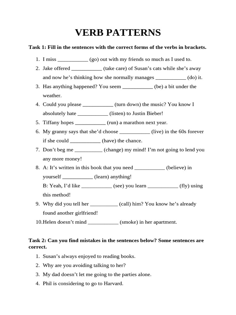 VERB PATTERNS Exercises | PDF