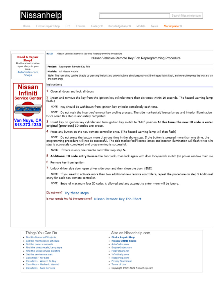 Nissan Vehicles Remote Key Fob Reprogramming Procedure | PDF | Vehicle ...
