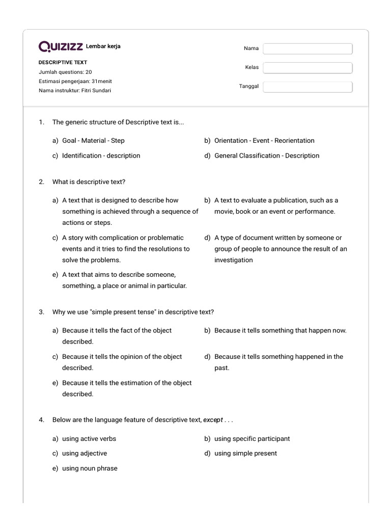 DESCRIPTIVE TEXT - Quizizz | PDF | Language Mechanics | Linguistic Morphology