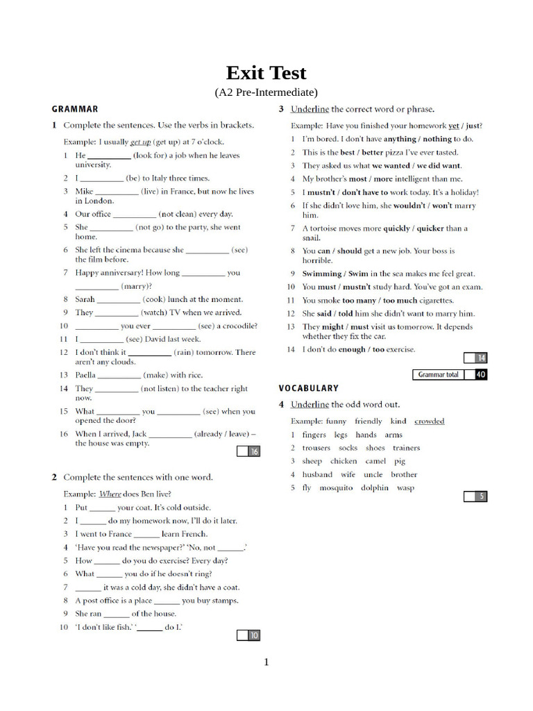 Exit Test (A2 Pre-Intermediate) | PDF