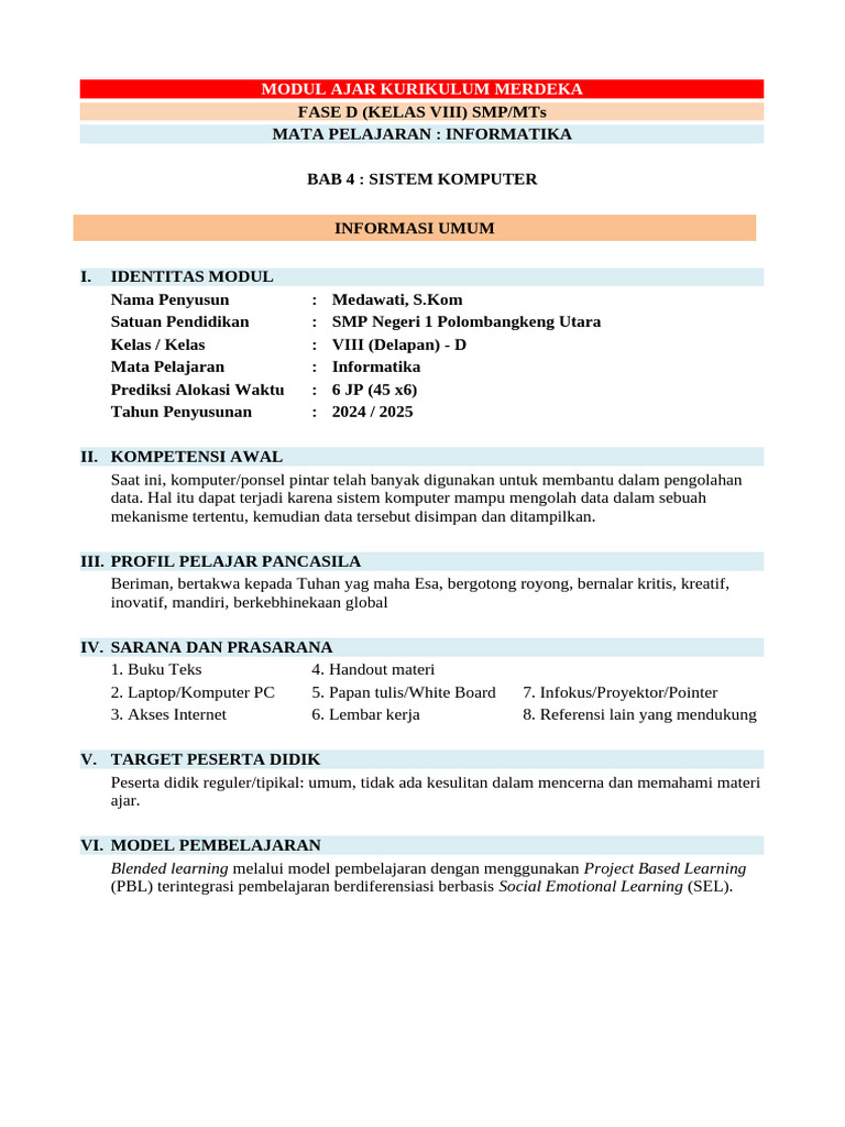 Modul Ajar Informatika Fase D Kelas 8 Bab 4 | PDF