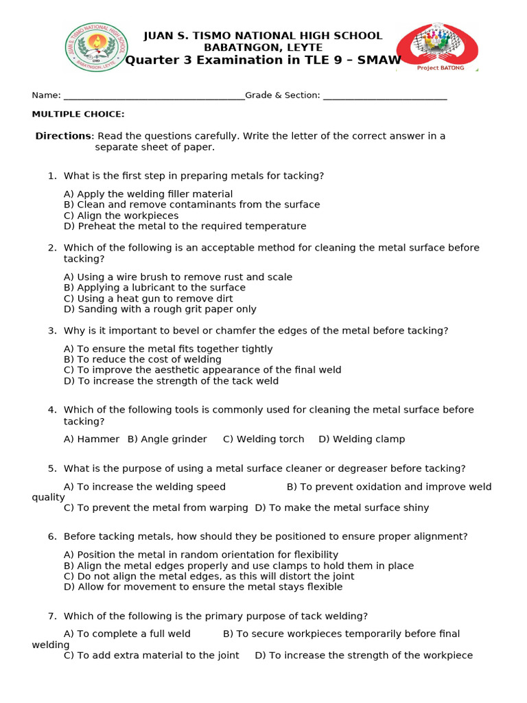 TLE 9 SMAW Quarter 3 Exam Guide | PDF | Welding | Construction