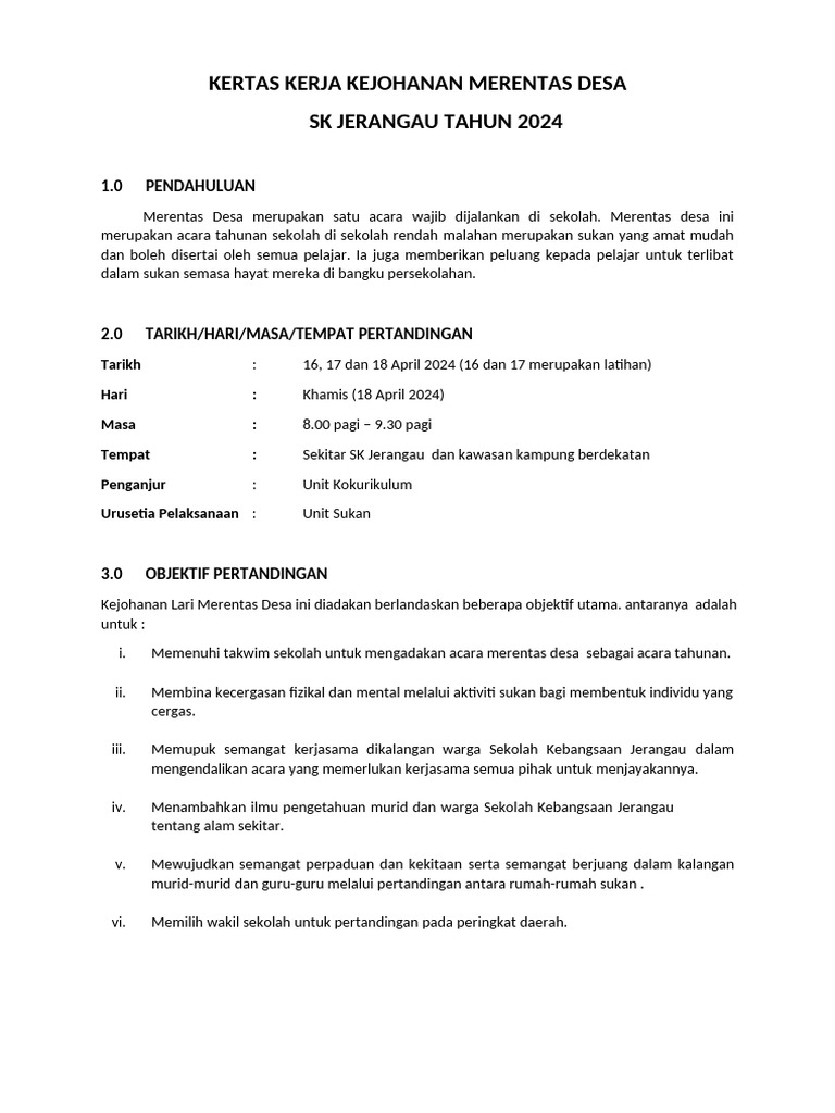 Kertas Kerja Kejohanan Merentas Desa SKJ 2024 | PDF