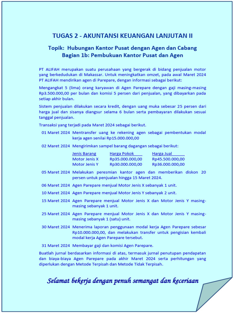 02 TUGAS 2 AKL II - Latihan 1 - Hubungan Kantor Pusat Dengan Agen Dan Cabang - Bagian 1b | PDF