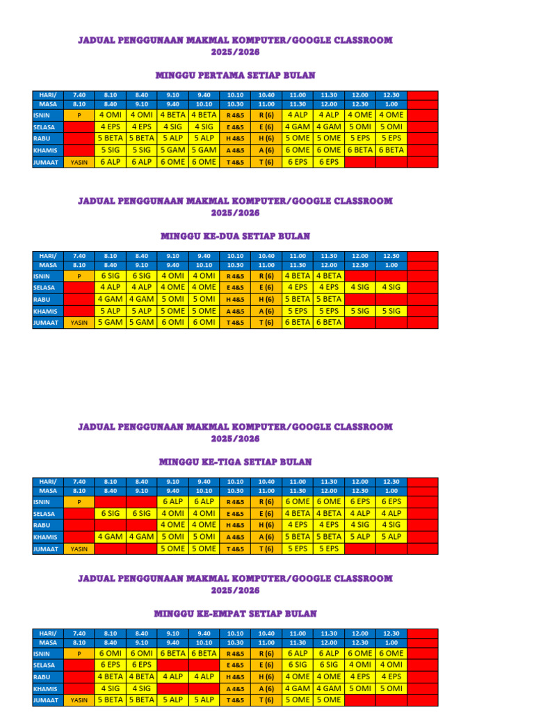 Jadual Penggunaan Makmal Komputer 2025 | PDF