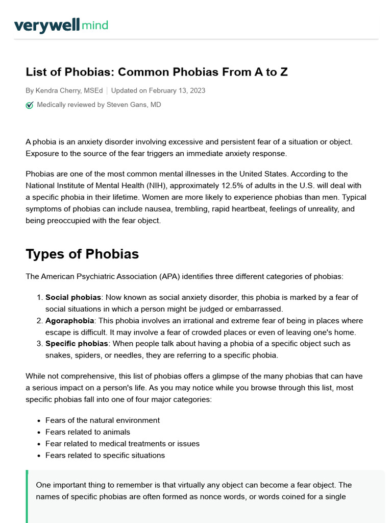A-Z List of Common Phobias Explained | PDF | Phobia | Cognitive ...