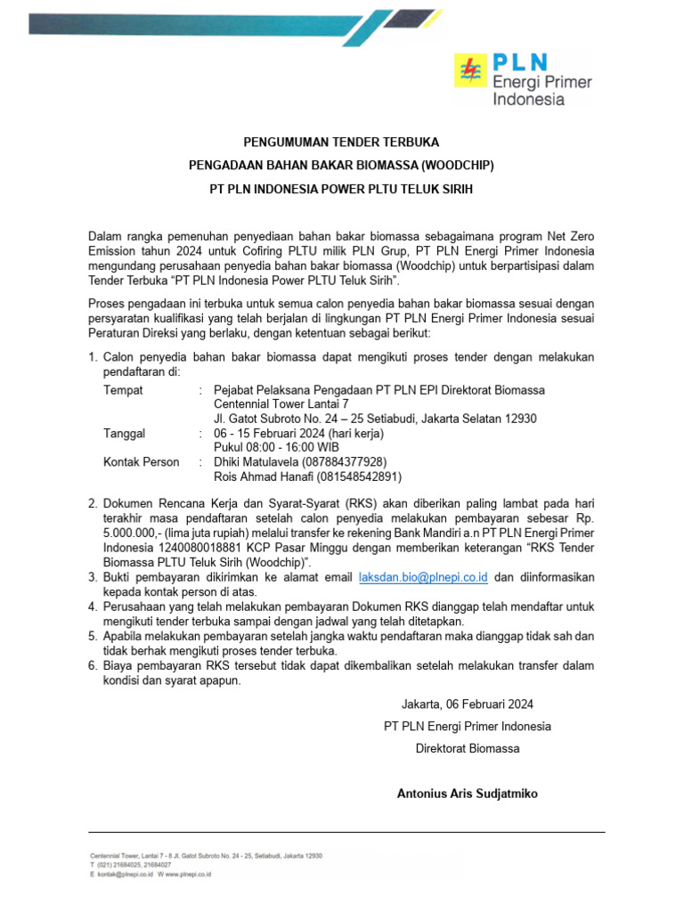 Pengumuman Tender Terbuka Teluk Sirih Woodchip | PDF
