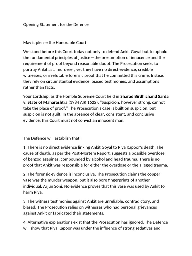 Defence Opening Statement for Ankit Goyal | PDF | Witness | Reasonable ...