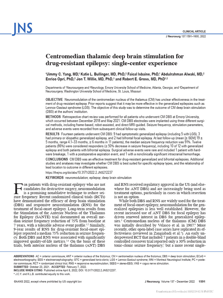 Centromedian thalamic deep brain stimulation for drug-resistant epilepsy single-center ...