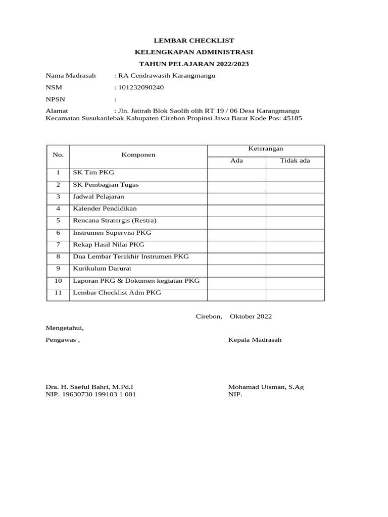 Lembar Checklist | PDF