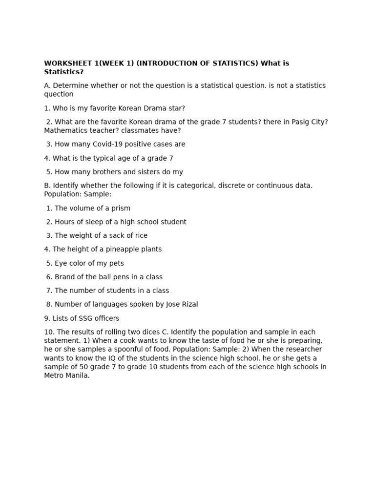 Statistics 1WORKSHEET 1 | PDF