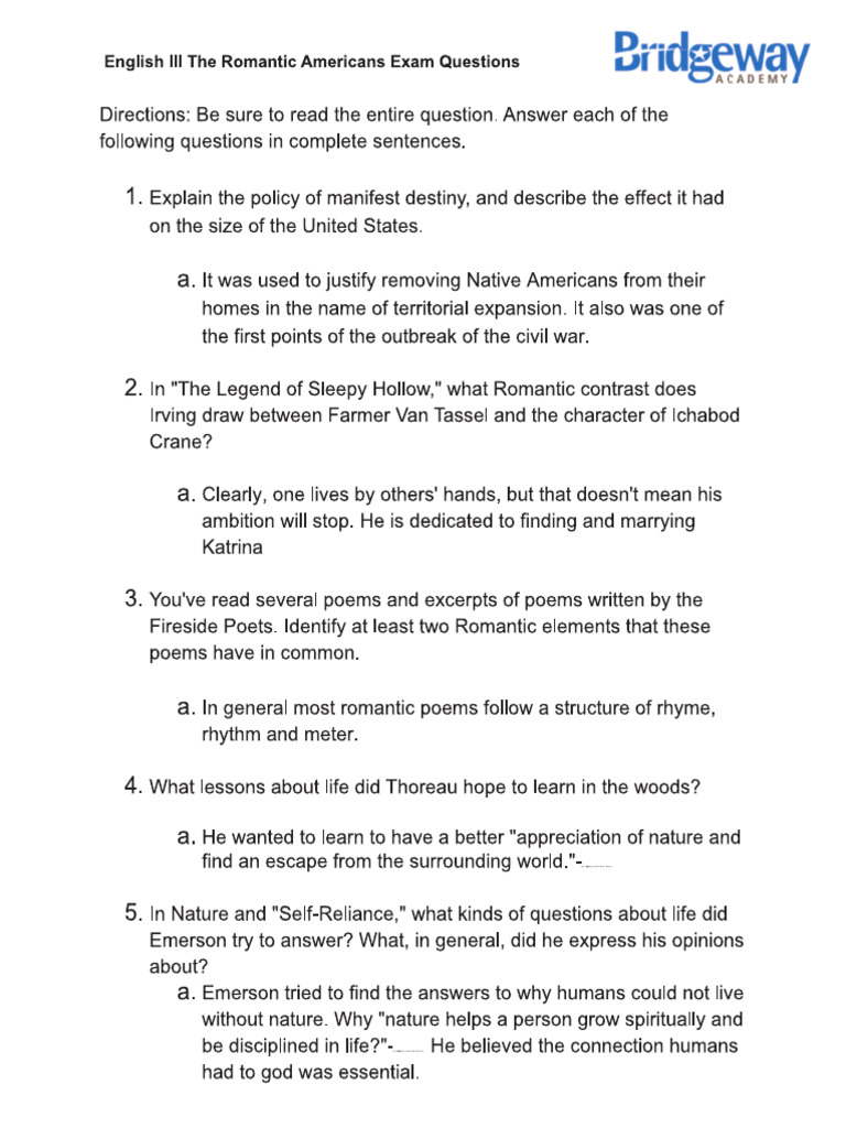 M3 The Romantic Americans Exam Questions | PDF