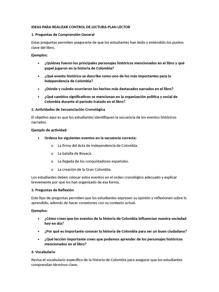 Ideas para Realizar Control de Lectura Plan Lector | PDF