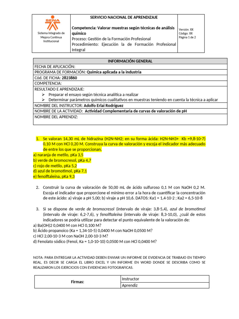 Actividad Complementaria Ficha 2823860 | PDF | Constante de disociación ácida | Química