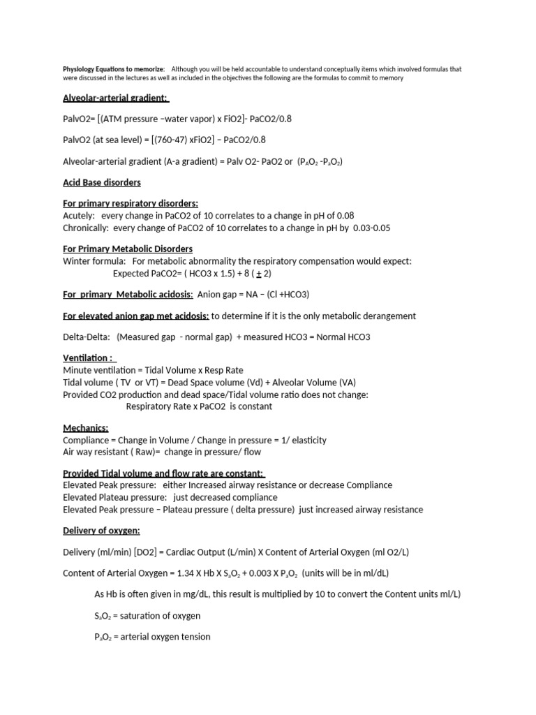 Physiology Equations To Memorize 2022-1 | PDF