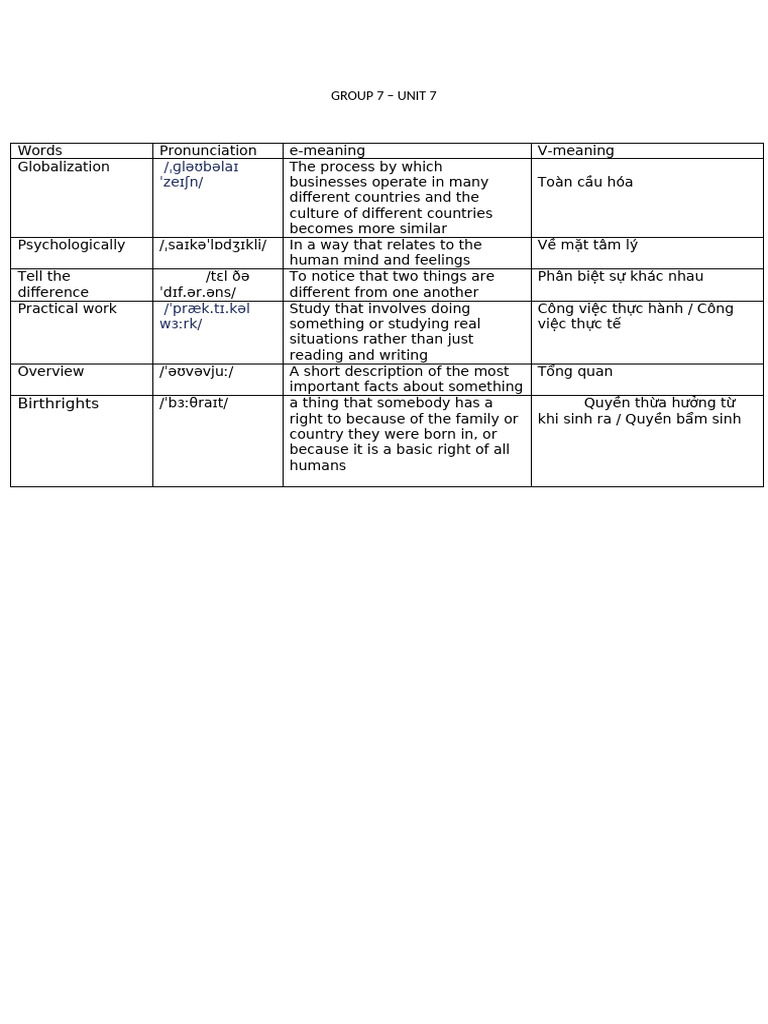 Vocabulary Unit 7 | PDF