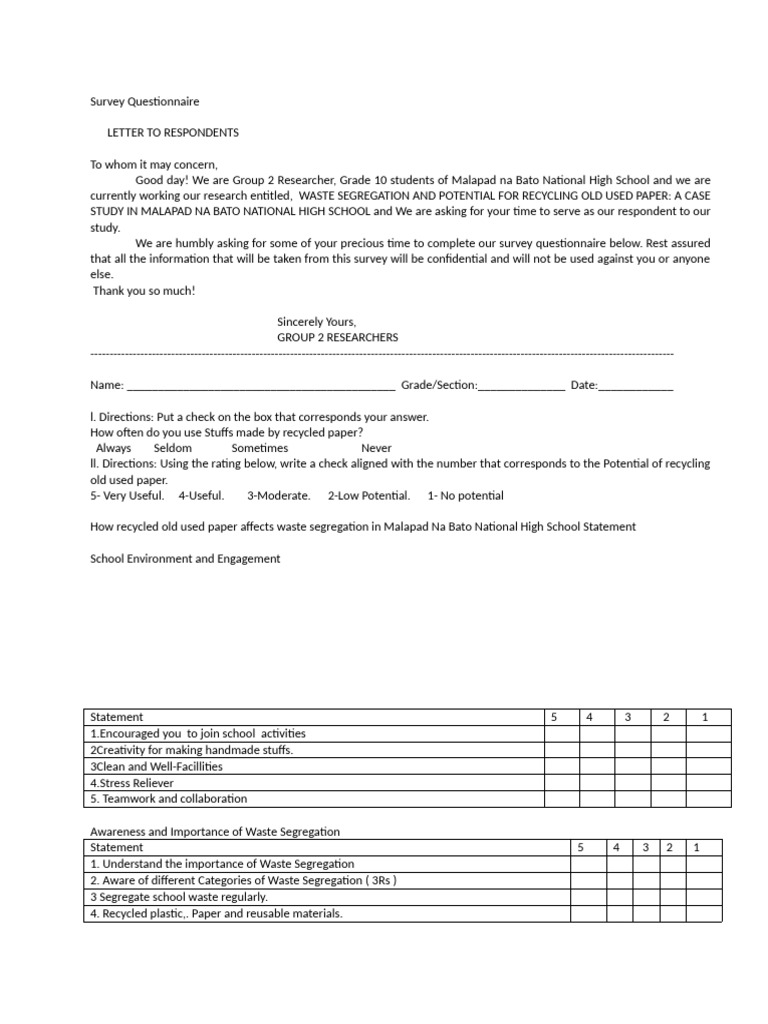 Survey Questionnaire | PDF