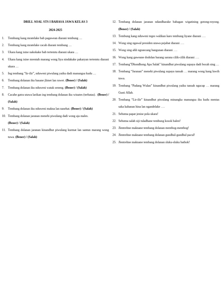 Drill STS 2 Bahasa Jawa Kelas 3 | PDF
