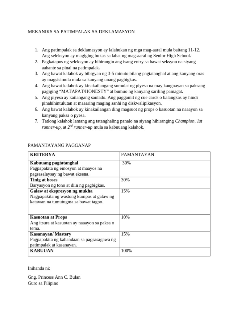 Mekaniks Sa Patimpalak Sa Deklamasyon | PDF